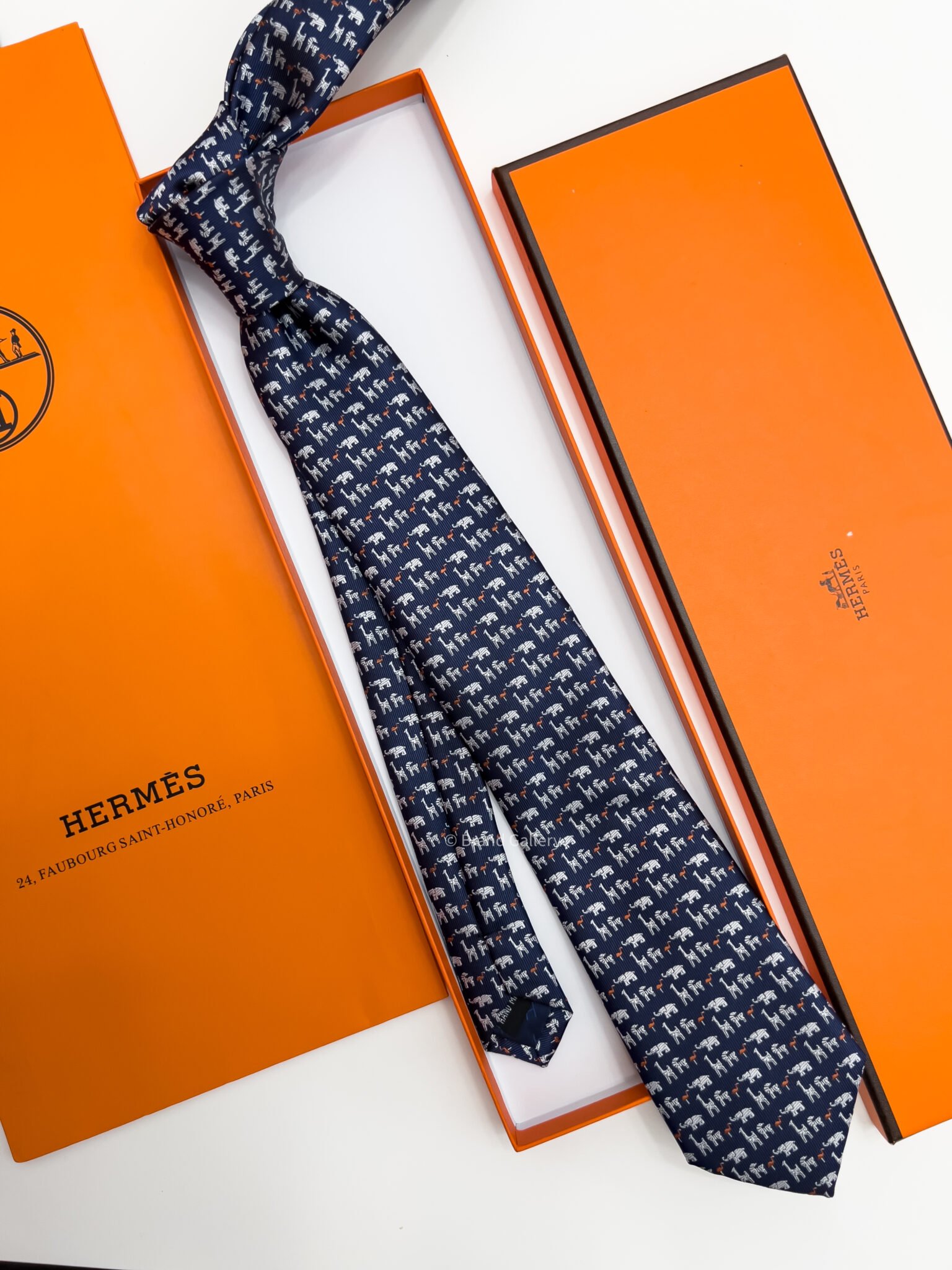 HERMES - Dark Blue ANIMALS PATTERN SILK TIE - A&A - Brand Gallery